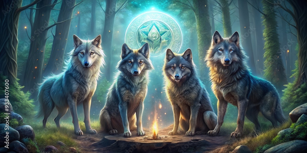 Glowing aura surrounded mystical mixed breed wolves amidst ancient ...