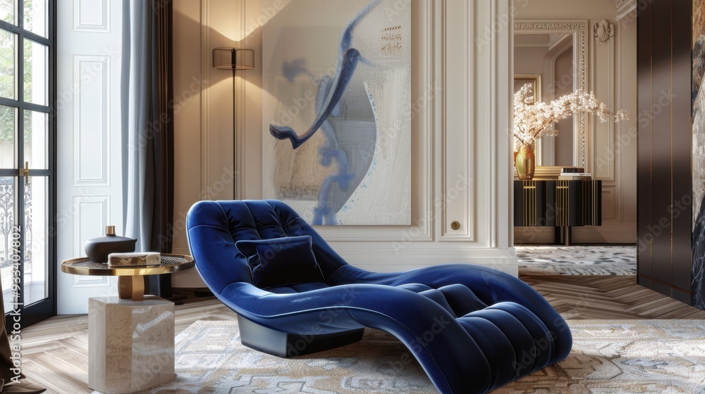 An indigo chaise lounge in a modern living room, perfect for relaxing ...