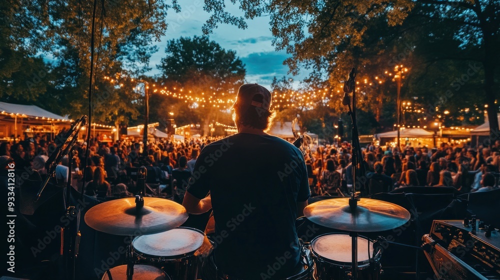 Musician performing with a full band on an outdoor stage, with the ...