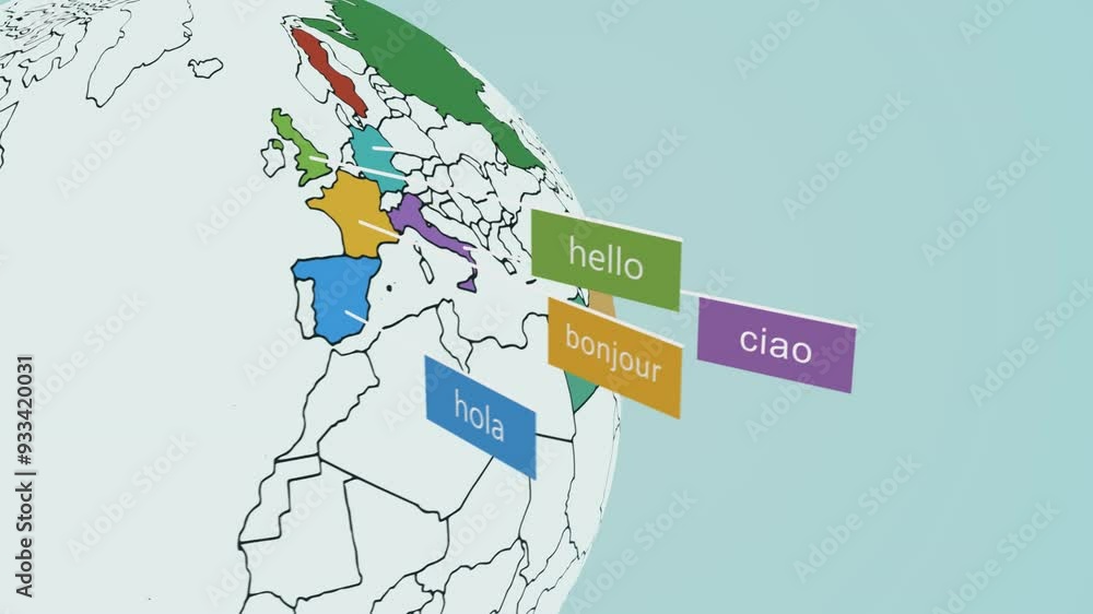 Colorful Earth Globe With The Politic Map Word Hello In Fourteen ...