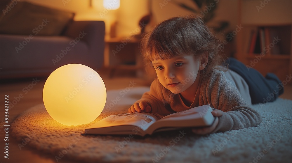 Child reading a book on the floor illuminated by a soft glowing light ...