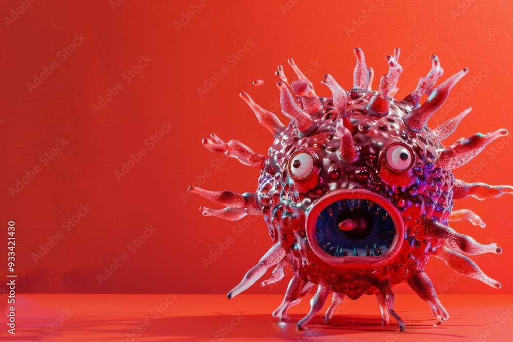 Cartoon-style virus character appears anxious and scared red background ...