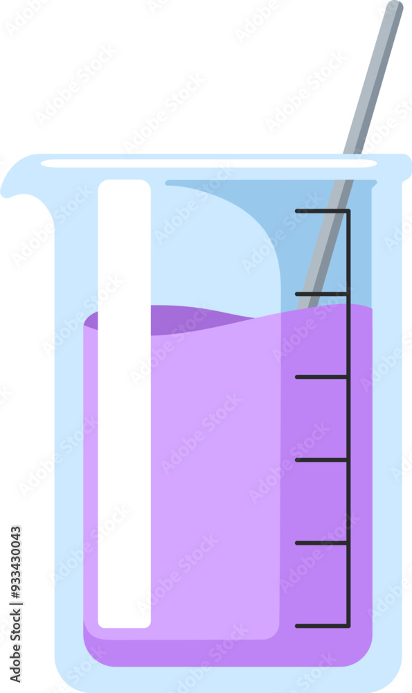 Beaker, laboratory glassware. Measurement container with metal sirring ...