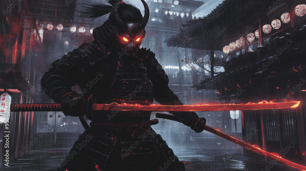 demonic samurai, clad in dark armor, stands amidst a rain-soaked city ...