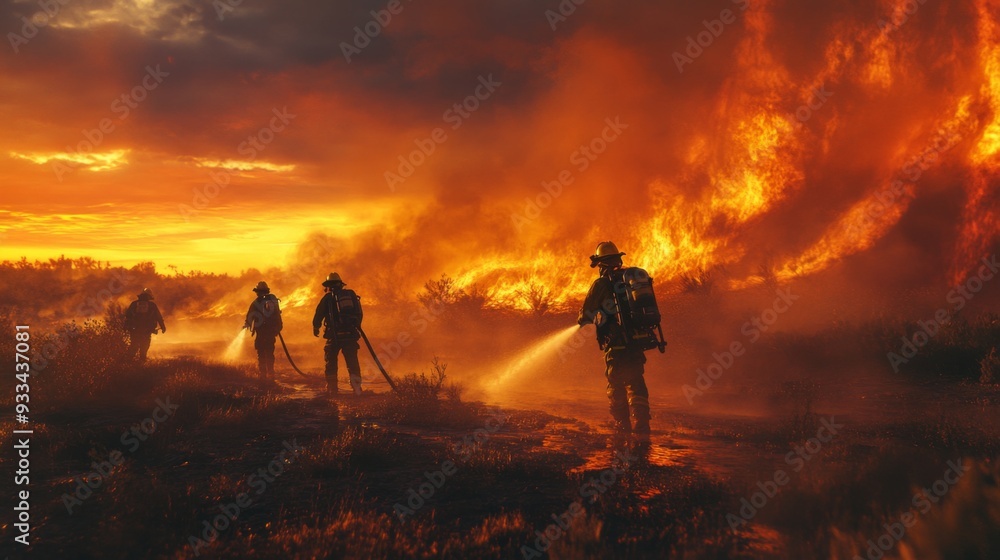 This dramatic image captures firefighters battling a large outdoor ...