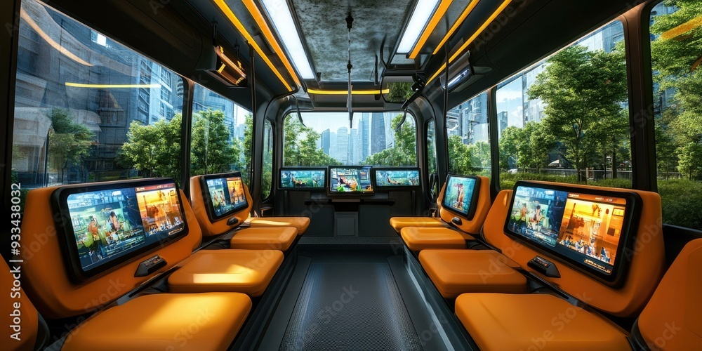 Modern bus interior with orange seats and screens. Stock Illustration ...