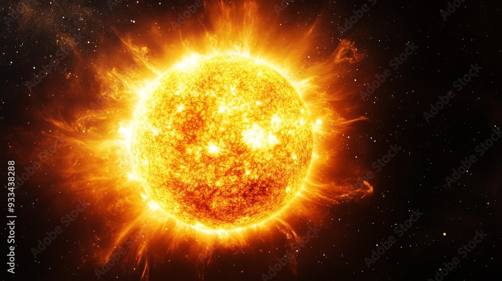 A high-resolution image of the sun displaying intense solar flares and ...