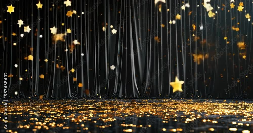 black graduation award curtain background with falling gold star ...
