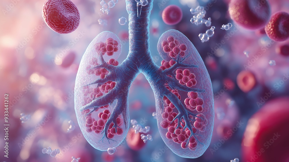 3D cartoon oxygen being absorbed by red blood cells in the lungs, with ...