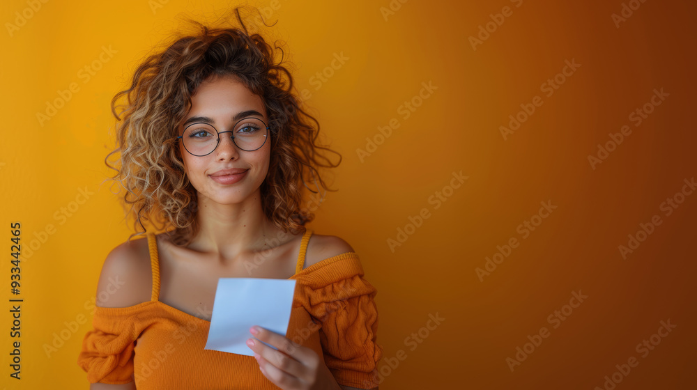 Confident woman holding note with positive message in vibrant setting ...