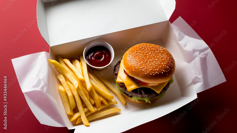 Burger French Fries and ketchup in a Paper Box, Burger and fries take ...