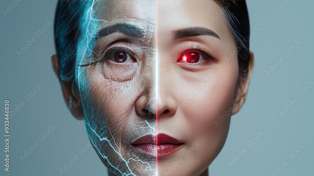 The image is a split screen showing a comparison of a young woman's ...