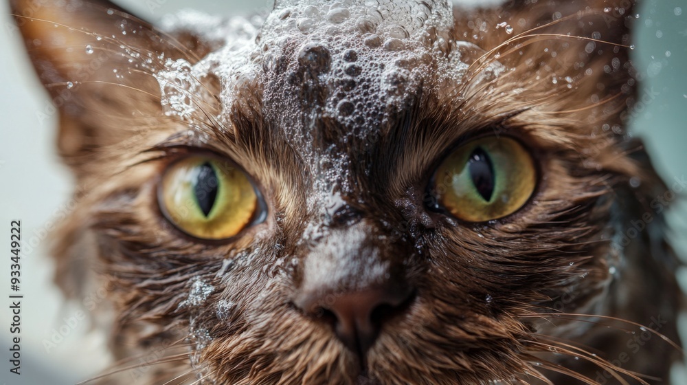 High-resolution close-up of a cat's face during bath time, with water ...