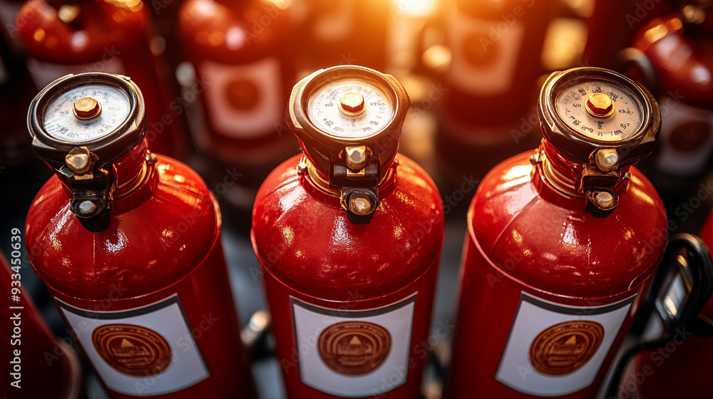 fire extinguisher illuminated by sunlight, standing against a blurred ...