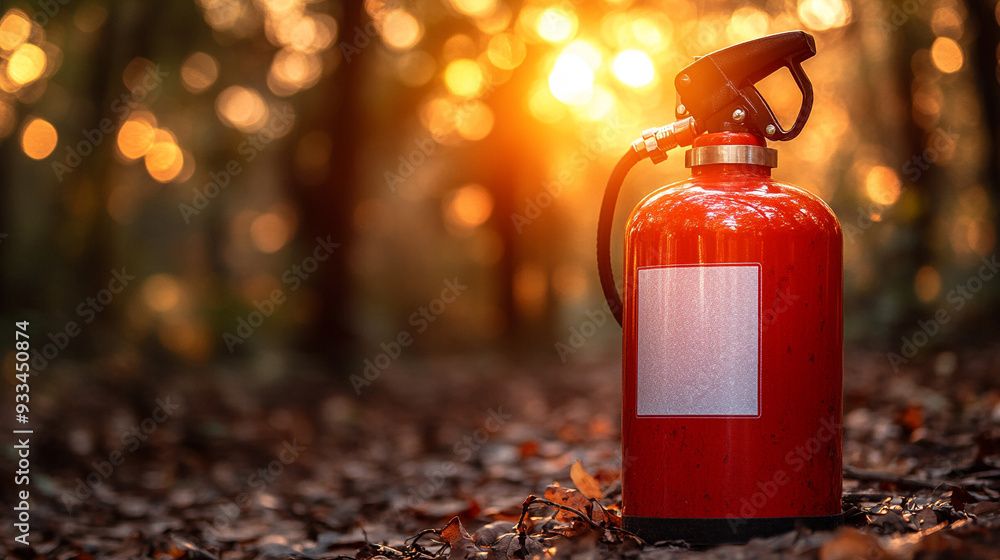 fire extinguisher illuminated by sunlight, standing against a blurred ...
