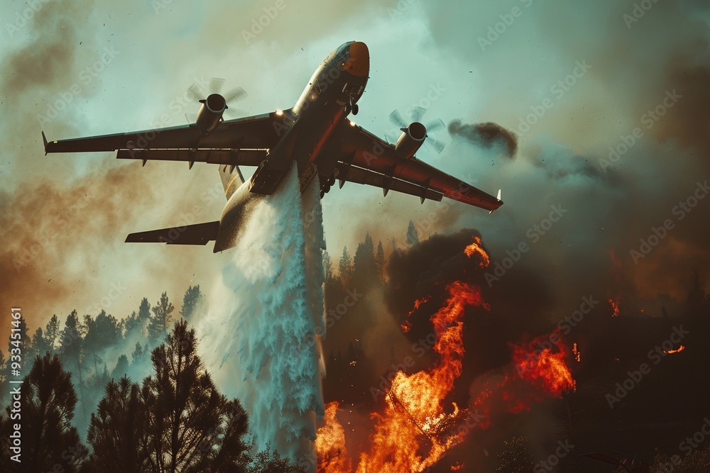 Blaze raging below powerful aircraft douses flames from above. Fire and ...
