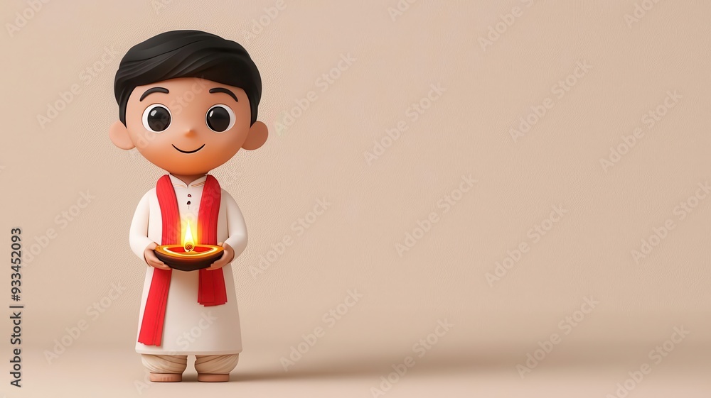 Cartoon figure dressed in traditional attire, lighting a Diwali diya ...