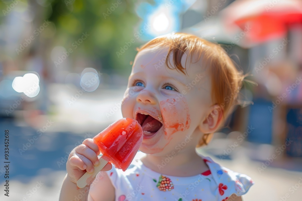 Child's face lights up with an ice cream treat. Lovely baby girl ...