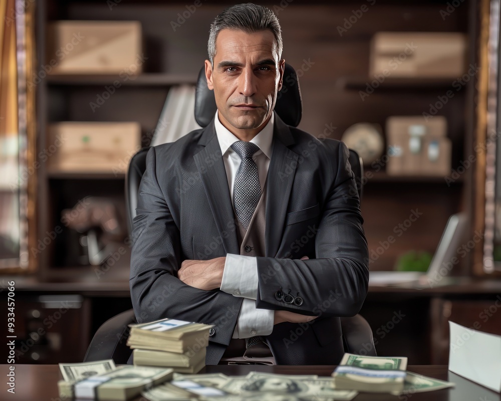 Wealthy man in suit, dollars on desk, luxury office background ...