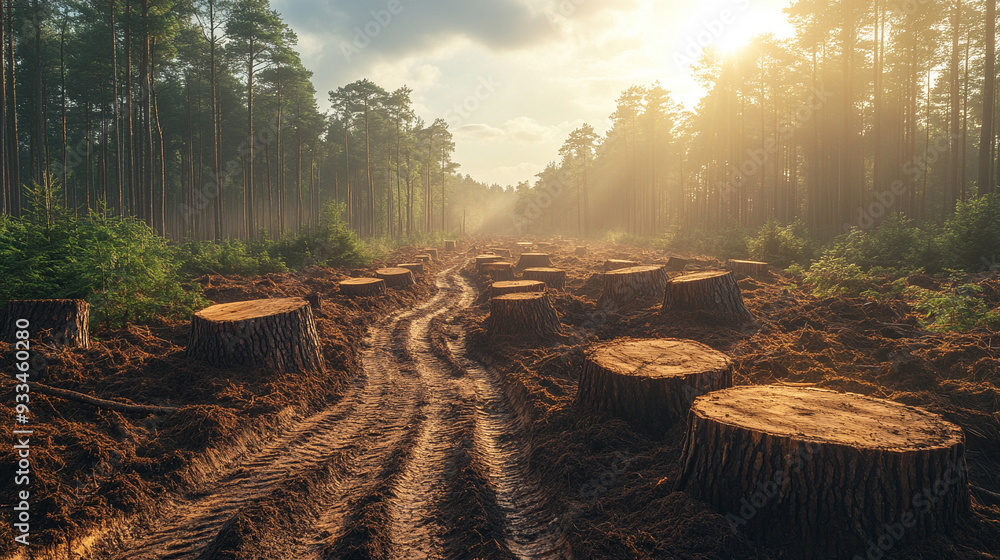 tranquil scene of a forest, where a row of stumps stands under dappled ...