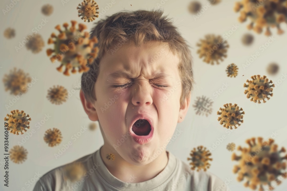 Health concept portrayed young kid sneezing germs air. Close-up of boy mid-sneeze tiny particles ...