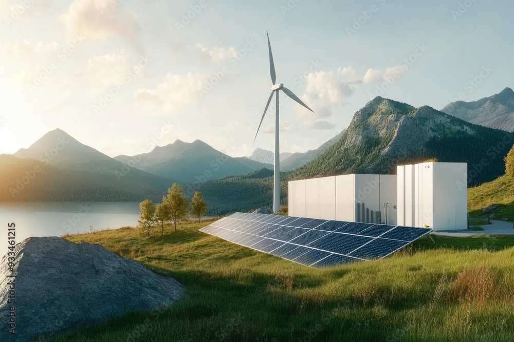 Battery storage power station accompanied by solar and wind turbine ...