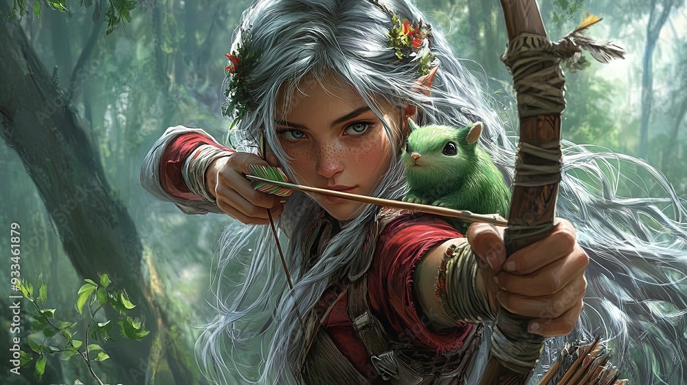Agile Young Huntress with Silvery Locks and Whimsical Green Critter: A ...