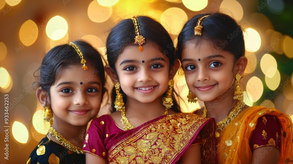 Three cute Tamil kids, smiling in traditional dance dresses with golden ...