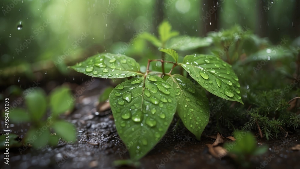 Rain gently falling in a dense forest, the sound of raindrops hitting ...