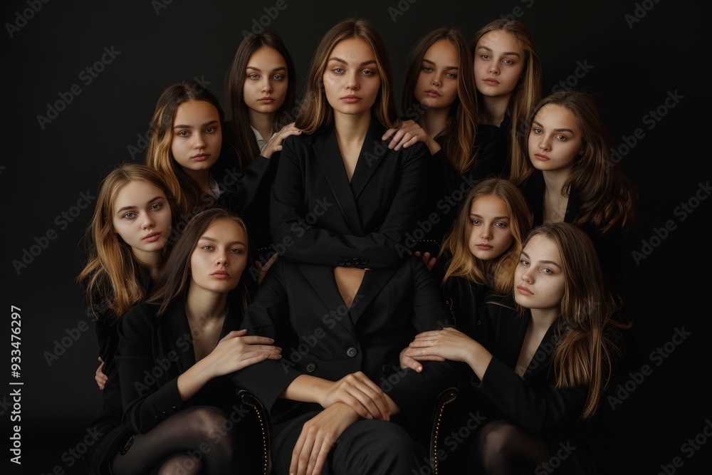conceptual photo of female support and solidarity. Group of young women ...
