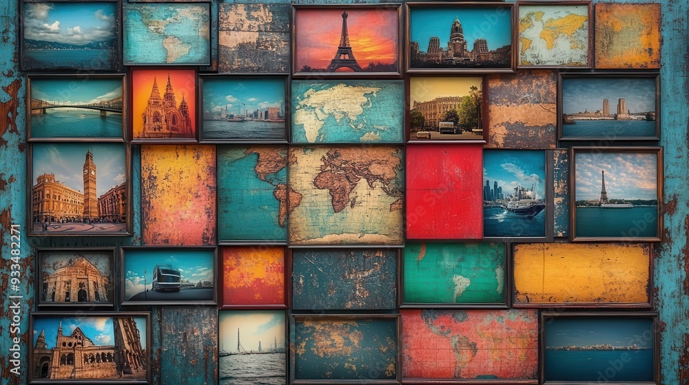 nostalgic collage of vibrant travel snapshots featuring iconic ...