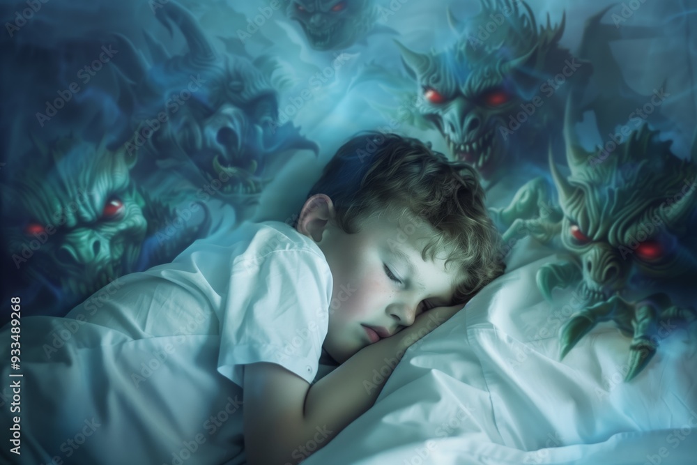 Child peacefully sleeps while surrounded imagination monsters. Child ...