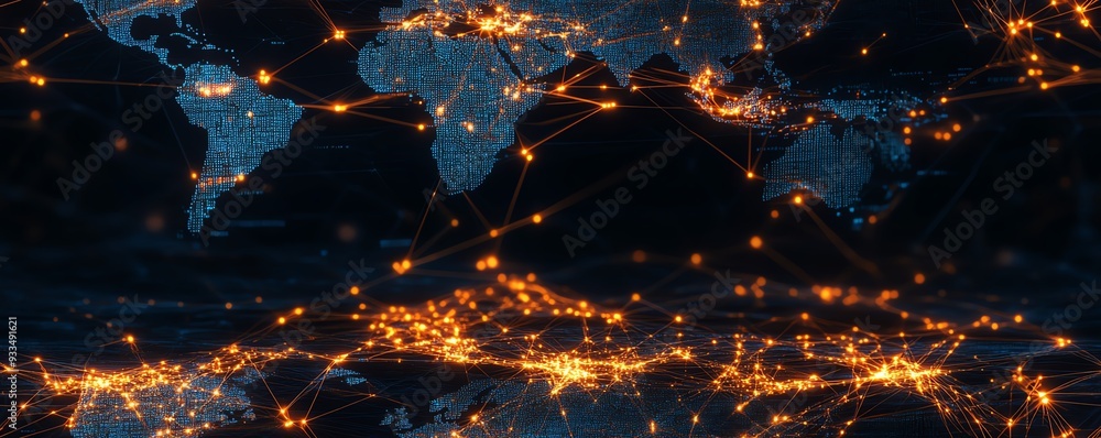 Holographic world map, interconnected telecommunications grid, glowing ...