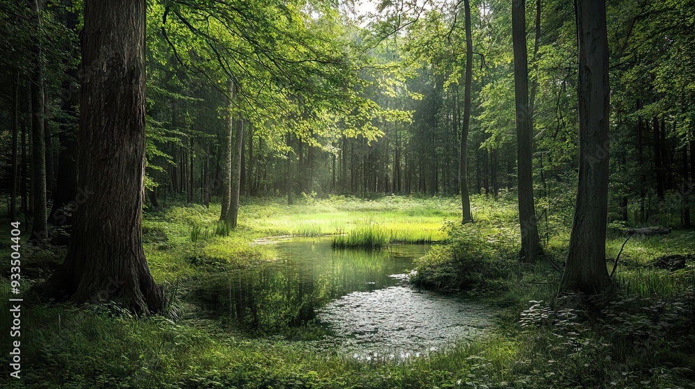 Secluded Forest Glade with a Crystal-Clear Pond Surrounded by Towering ...