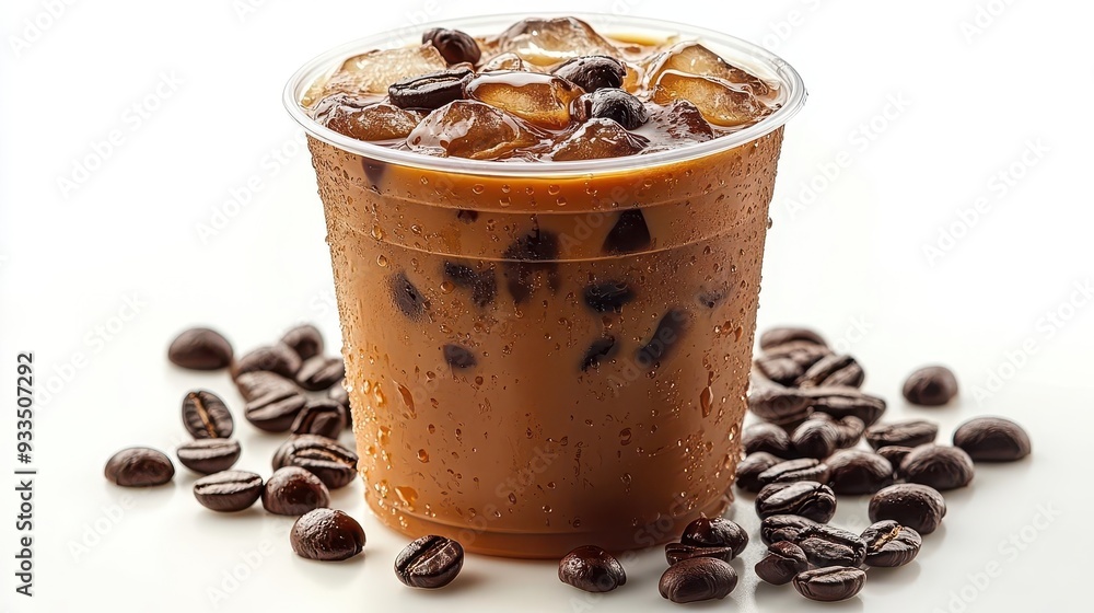 refreshing iced coffee in clear plastic cup condensation droplets rich ...