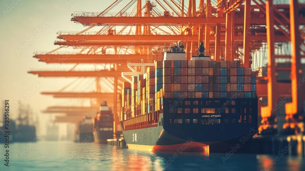 Container ship docked in port, large cranes offloading cargo, 3D ...