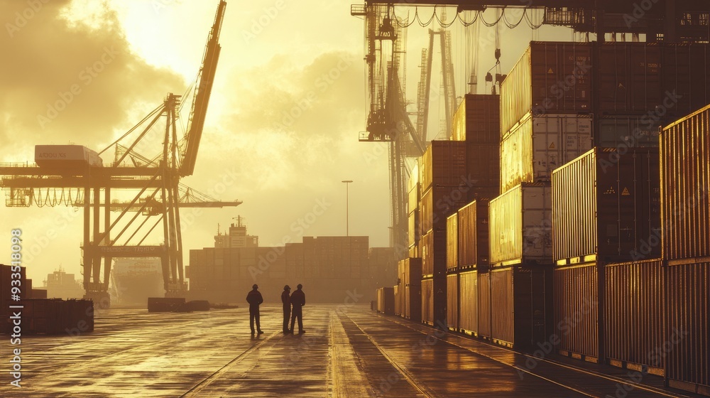 Retro-inspired harbor scene, stacks of weathered shipping containers ...