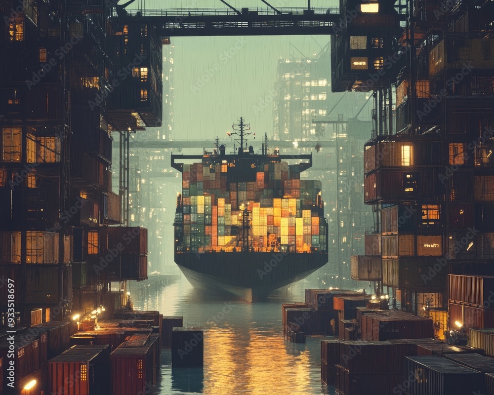 shipyard, massive container ships surrounded by vibrant crates, steel ...