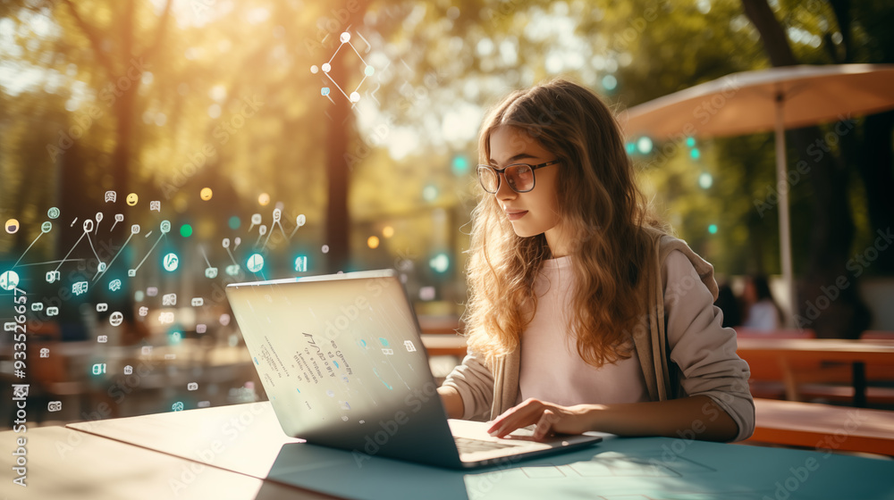 Laptop screen show Math formula on white table, girl student learning ...