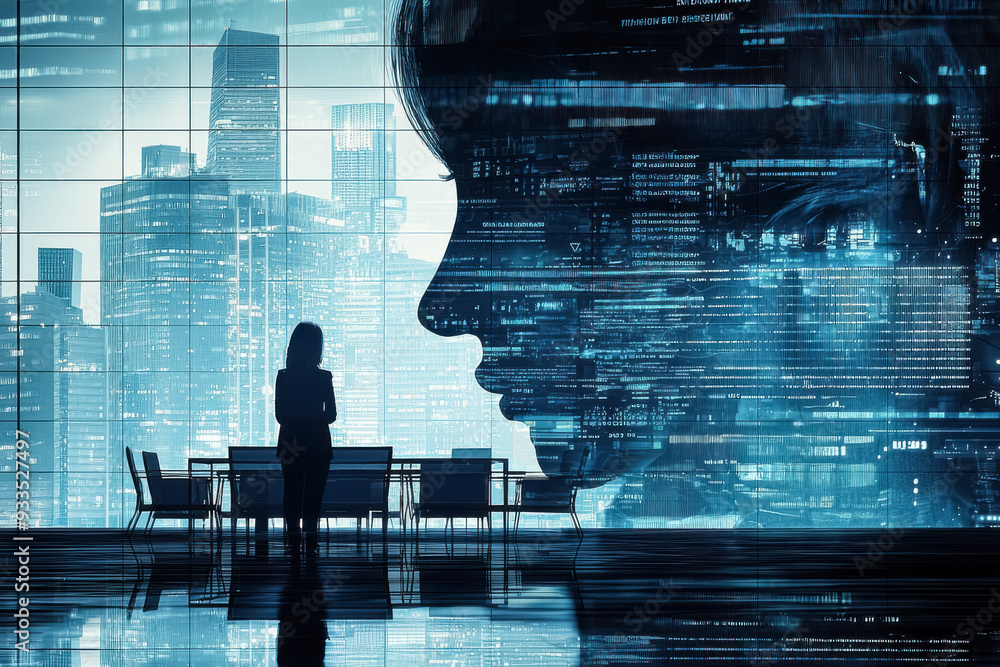 Woman in Tech Industry Contemplating Future Possibilities: A corporate silhouette of a woman ...