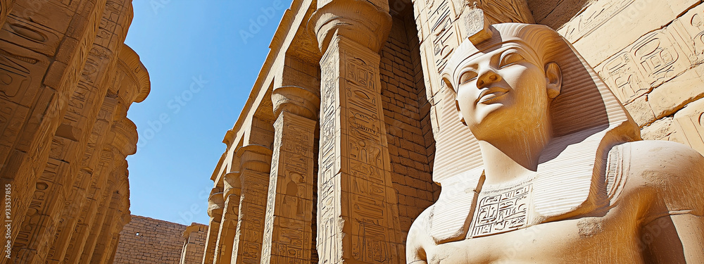 Ancient Egyptian temple column with hieroglyphic and Pharaoh statue ...