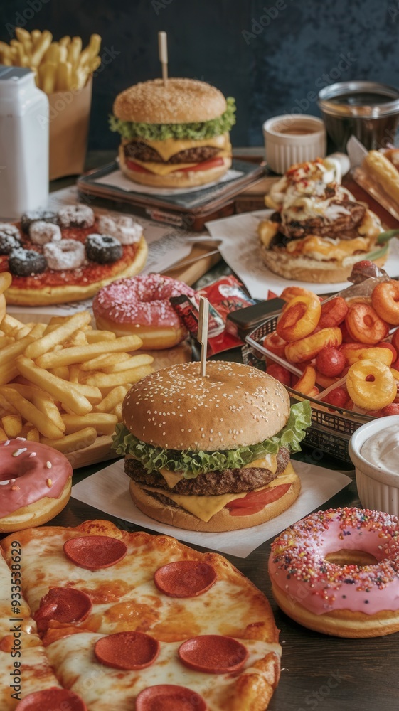 Assortment of Fast Food Items Including Burgers, Pizza, Fries, and ...