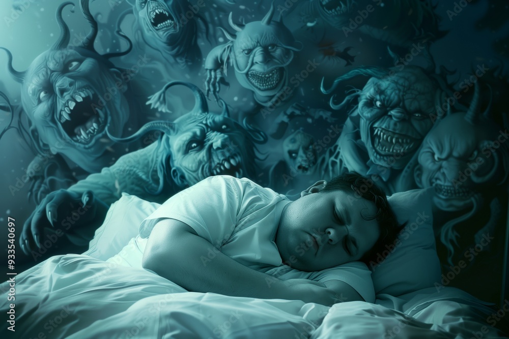 Nightmarish monsters encircle man creating surreal and horrifying scene ...