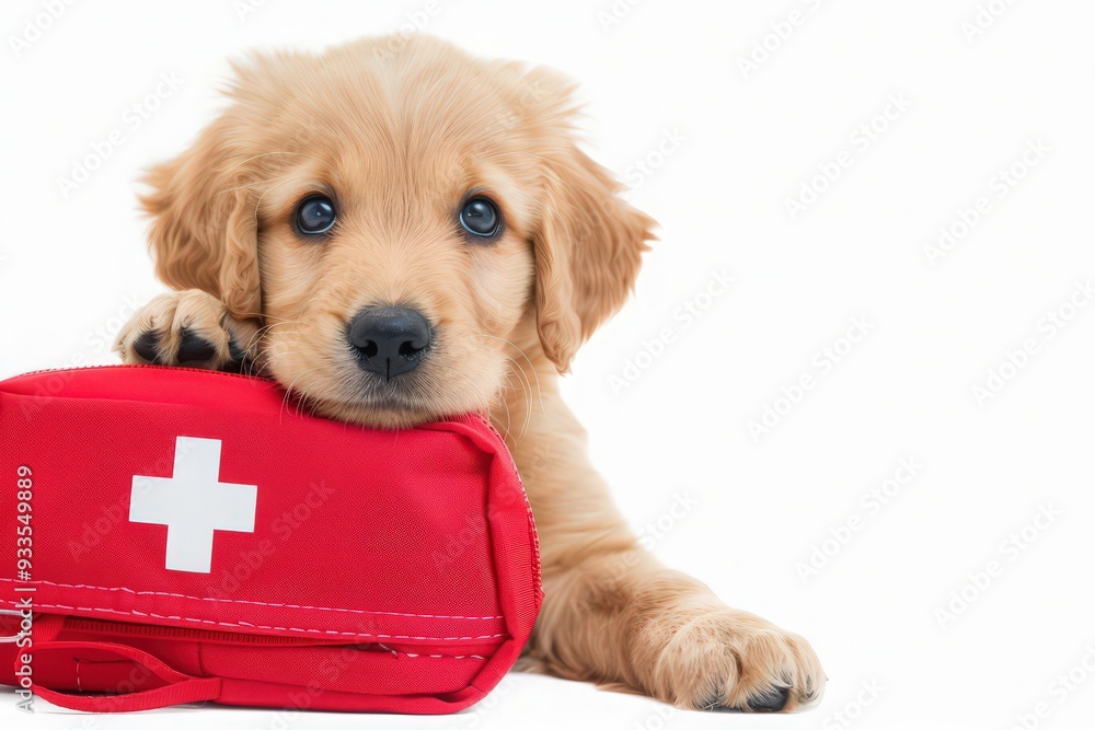 Cute Labrador Retriever puppy portrait with red first aid kit in teeth ...