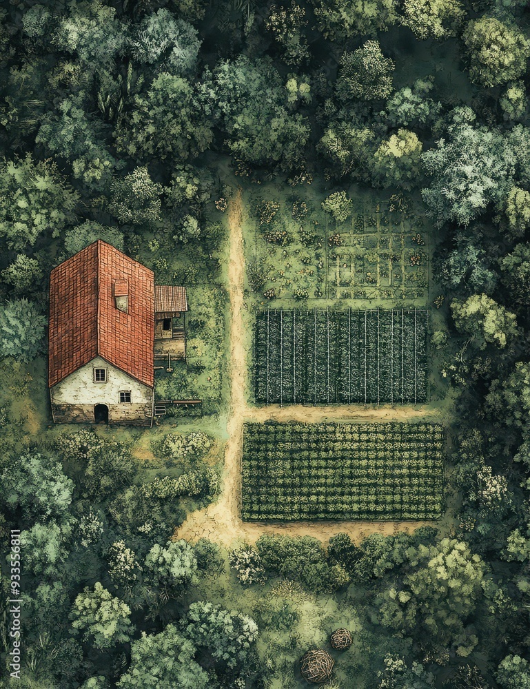 Detailed digital artwork of a farm with rich green organic crops and ...