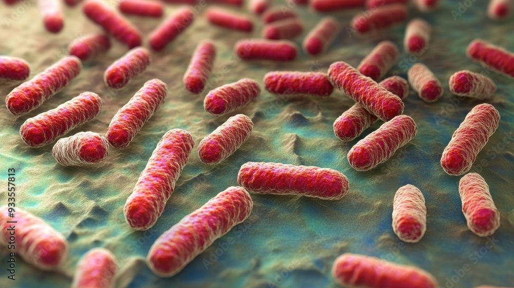 Mycobacterium tuberculosis , rod-shaped bacteria on a surface tissue, microscopic organisms ...