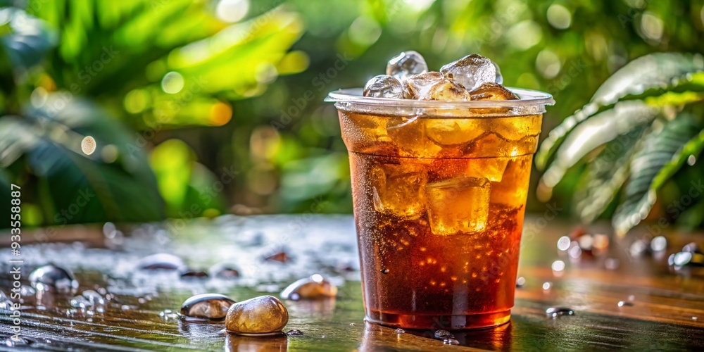 dramatic close up of iced tea to go ice mix with cubes clinking against ...
