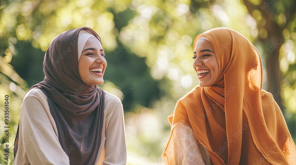Two joyful Muslim women, wearing colorful hijabs, laughing and enjoying ...