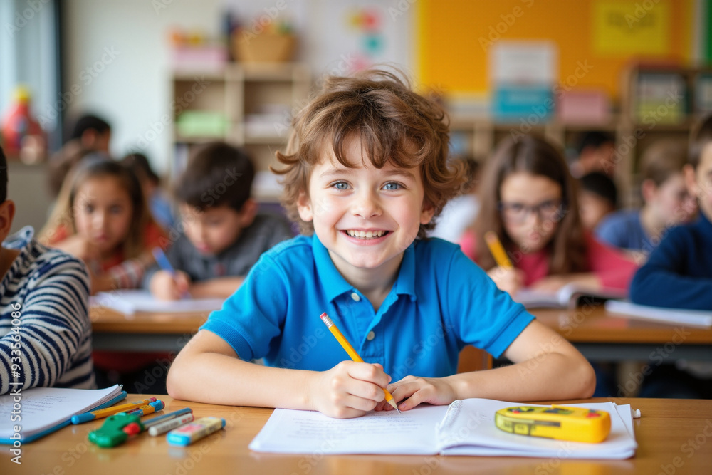 Enthusiastic Schoolboy Excels in Diverse Classroom: Perfect for ...