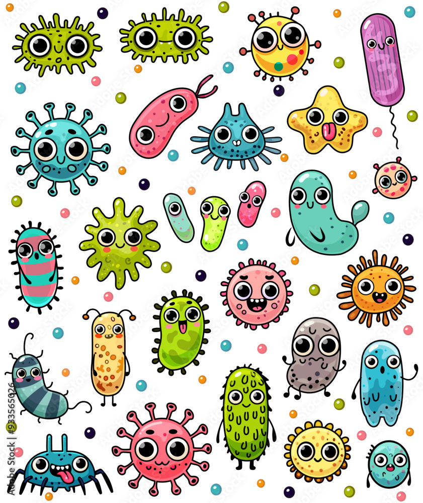 Various colorful cartoon microbes with cute expressions are shown on a ...